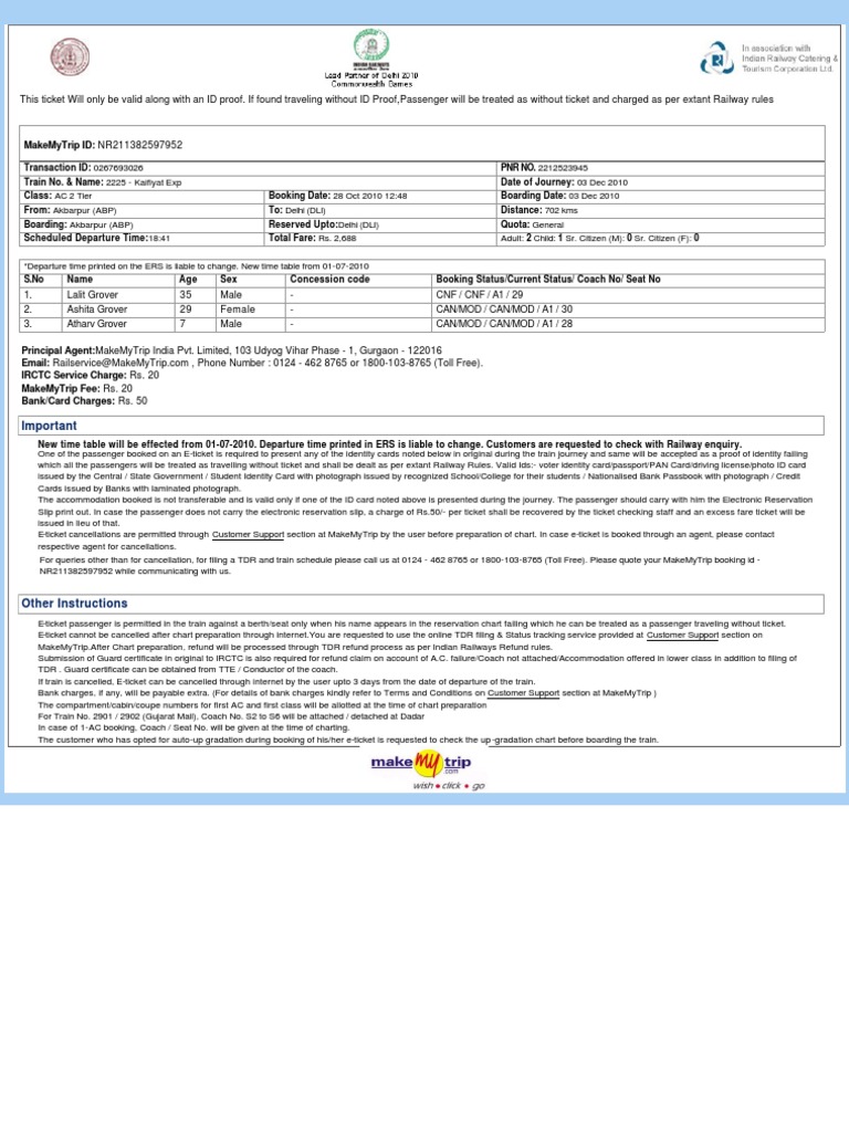 MakeMyTrip E-Ticket Details and Guidelines | PDF | Identity Document | Official Documents