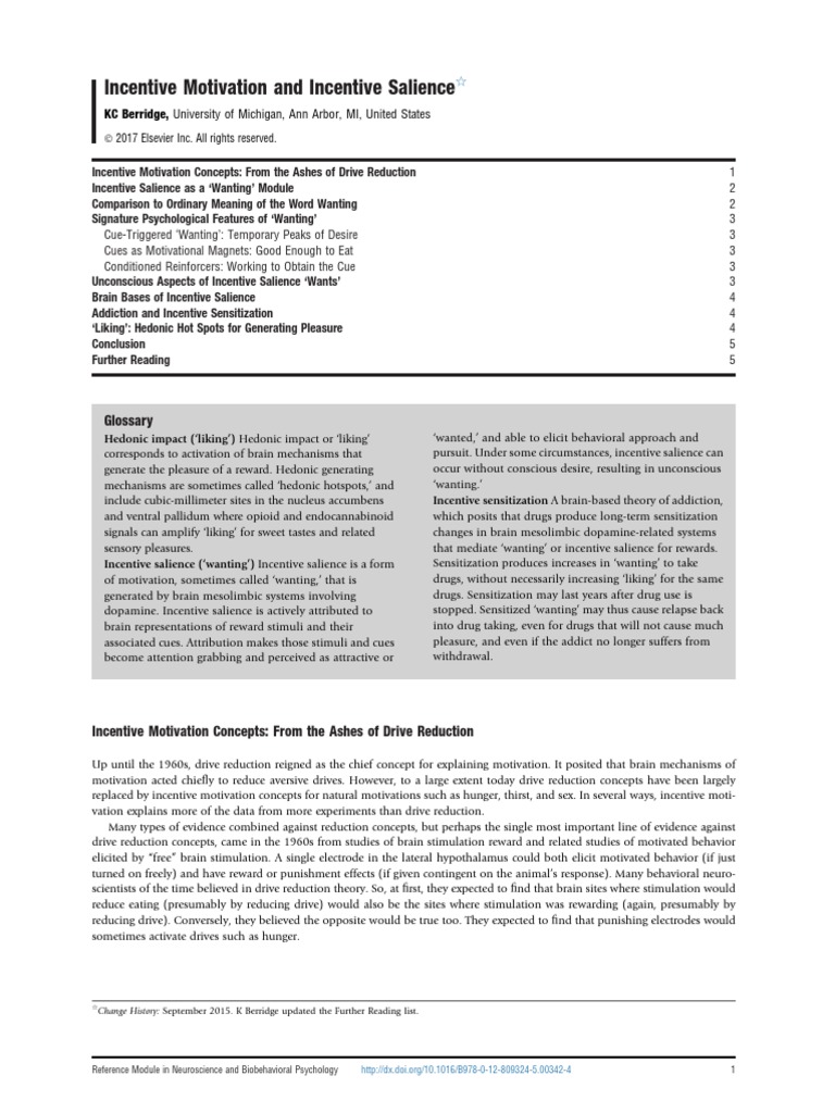 Incentive Motivation and Incentive Salience: KC Berridge, University of ...