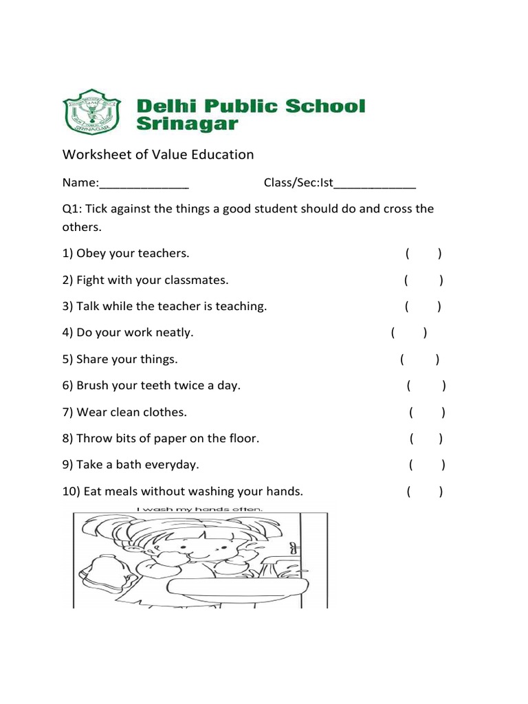 Value Education Worksheet For Class | PDF