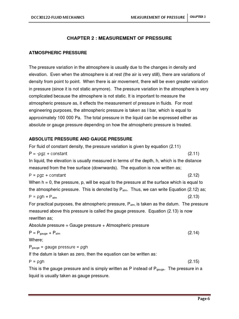 Chapter 2: Measurement of Pressure | PDF | Pressure | Pressure Measurement