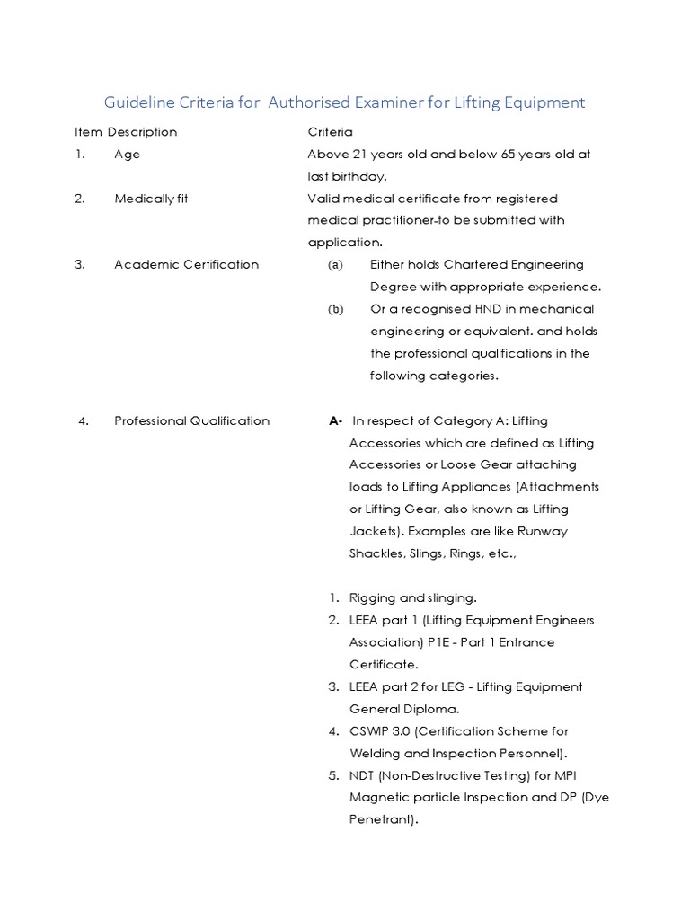 Guideline Criteria For Authorised Examiner For Lifting Equipment ...