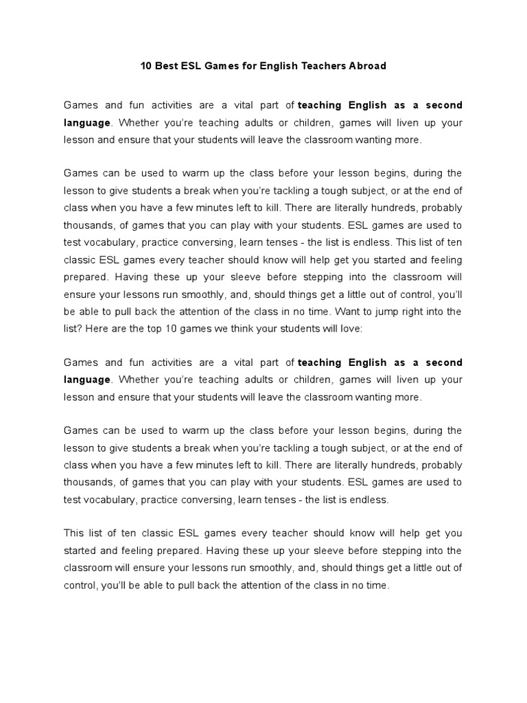 10 Best Esl Games For English Teachers Abroad Pdf English As A