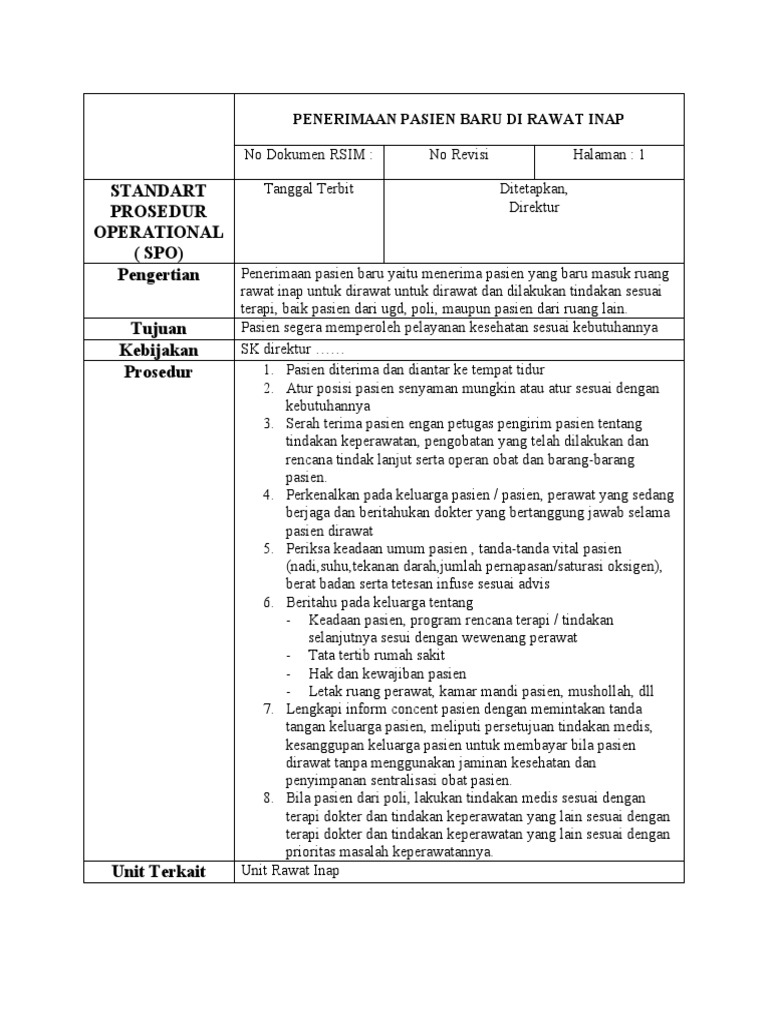 Sop Penerimaan Pasien Baru Rawin | PDF