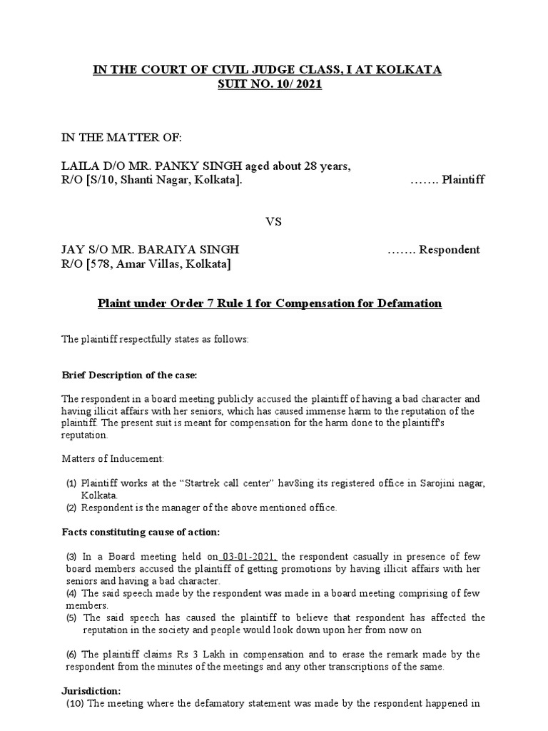 In The Court of Civil Judge Class, I at Kolkata SUIT NO. 10/ 2021 | PDF ...