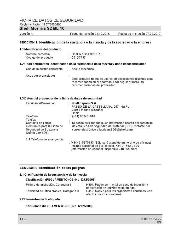 Shell Morlina S2 BL 10 Hoja de Seguridad | PDF | Agua | Guante