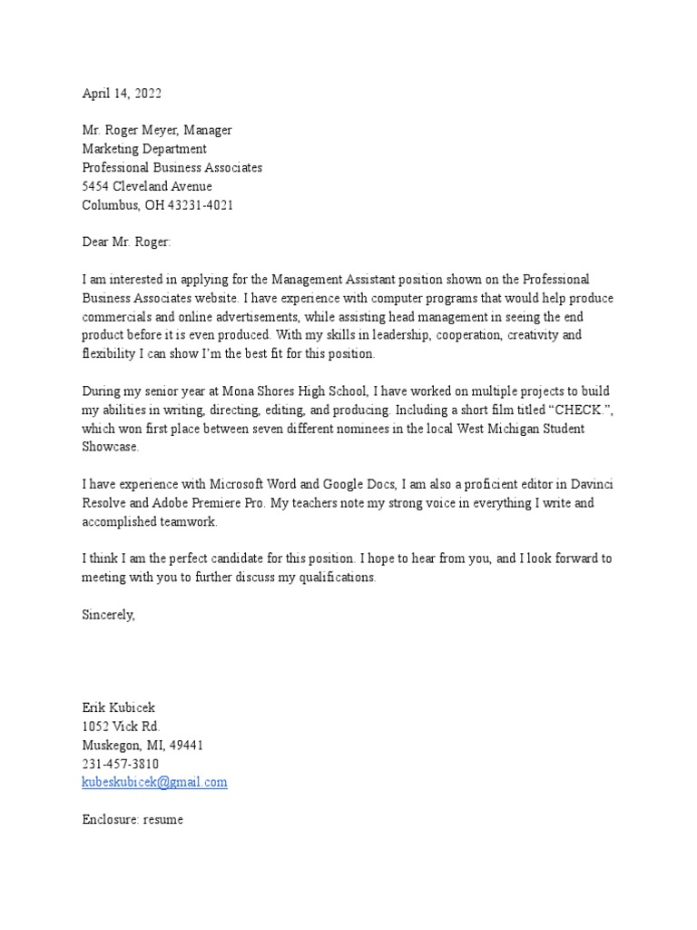 Erik Kubicek - Cover Letter | PDF