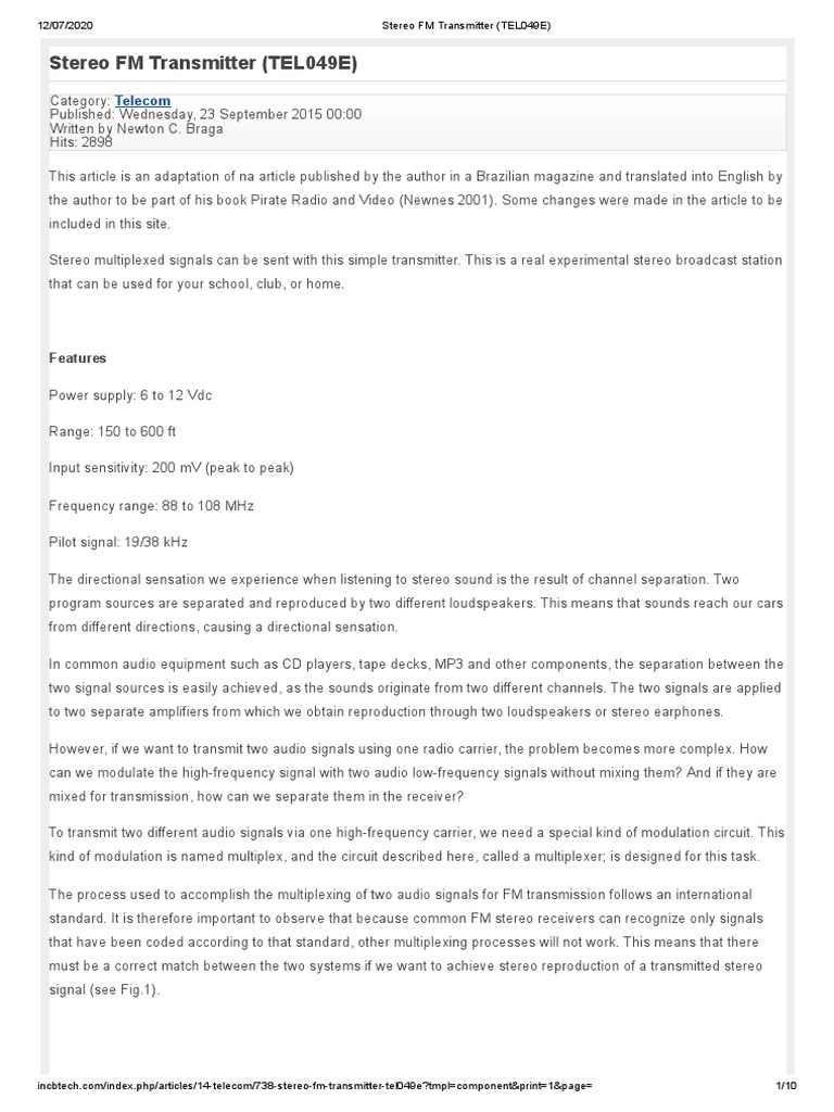 Stereo FM Transmitter (TEL049E) | PDF | Frequency Modulation | Transmitter