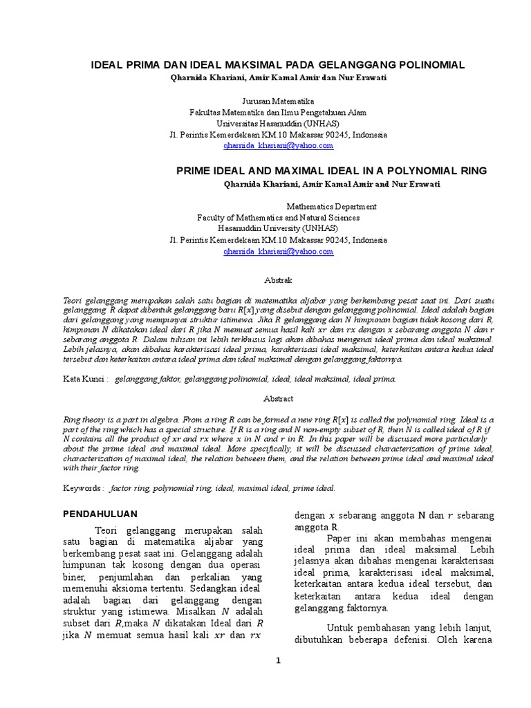 Ideal Prima Dan Ideal Maksimal Pada Gelanggang Polinomial Prime Ideal ...