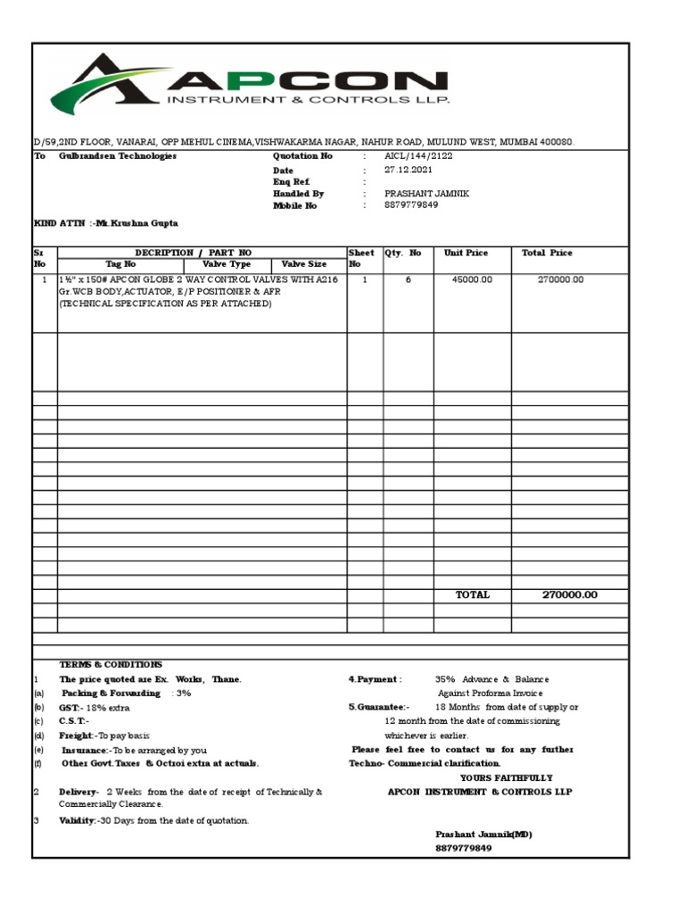 Valve Quotation for Engineers | PDF