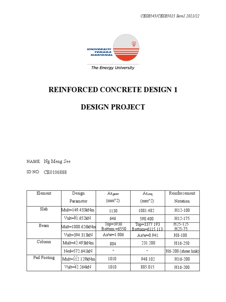 RC1 Design Project - CE0106888 2 | PDF | Concrete | Structural Engineering