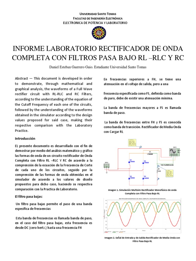 Informe Laboratorio Rectificador De Onda Completa Con Filtros Pasa Bajo