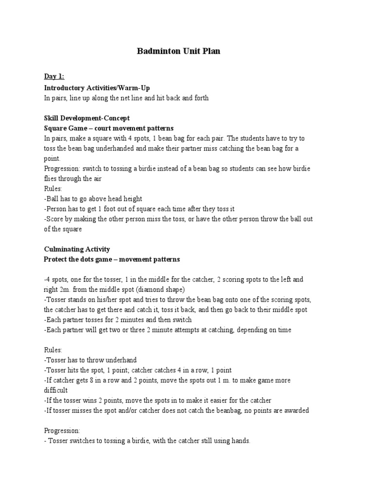 Badminton Unit Plan: Day 1: Introductory Activities/Warm-Up | PDF ...