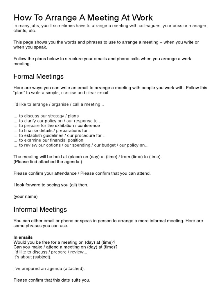 How To Arrange A Meeting at Work: Formal Meetings | PDF | Linguistics