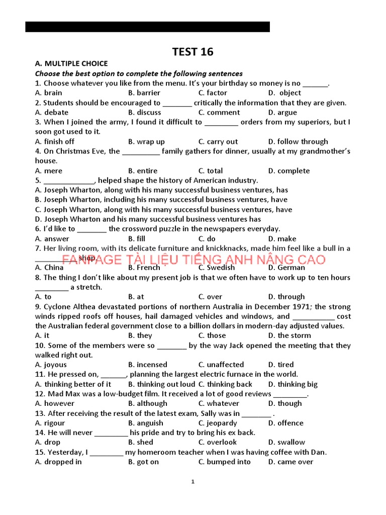 Test 16: Advanced English Exercises | PDF | Diamond | Earth