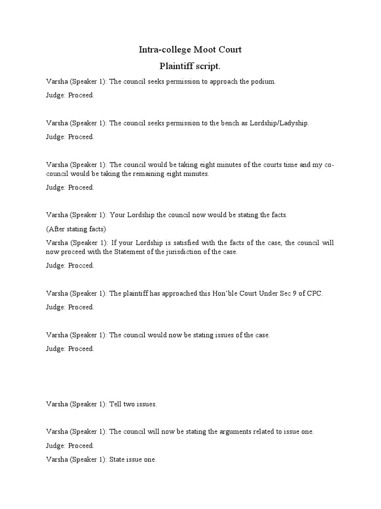 Intra-College Moot Court Plaintiff Script | PDF