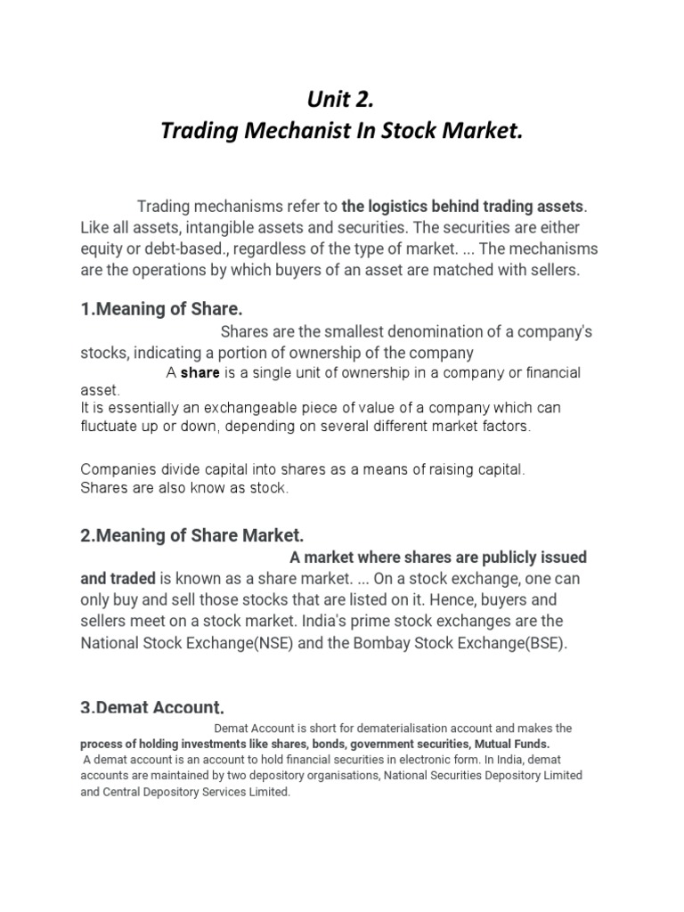 Unit 2. Trading Mechanist in Stock Market.: 1.meaning of Share | PDF ...