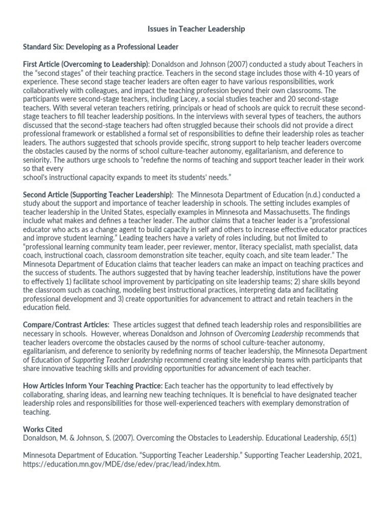 Issues in Teacher Leadership Discussion 4 | PDF | Teachers | Leadership