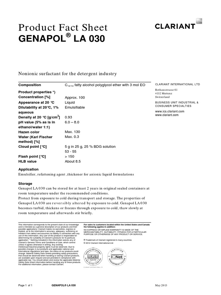 TDS Genapol LA 030 English | PDF | Emulsion | Liquids