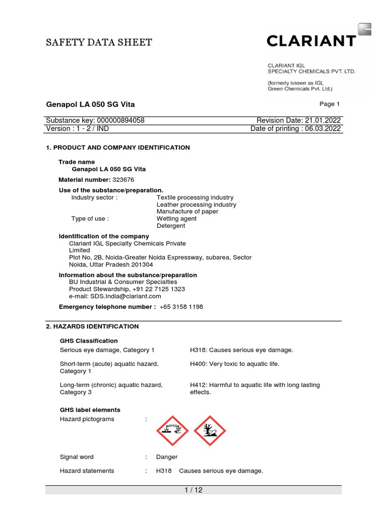 Clariant SDS Genapol LA 050 SG Vita India English | PDF | Toxicity ...