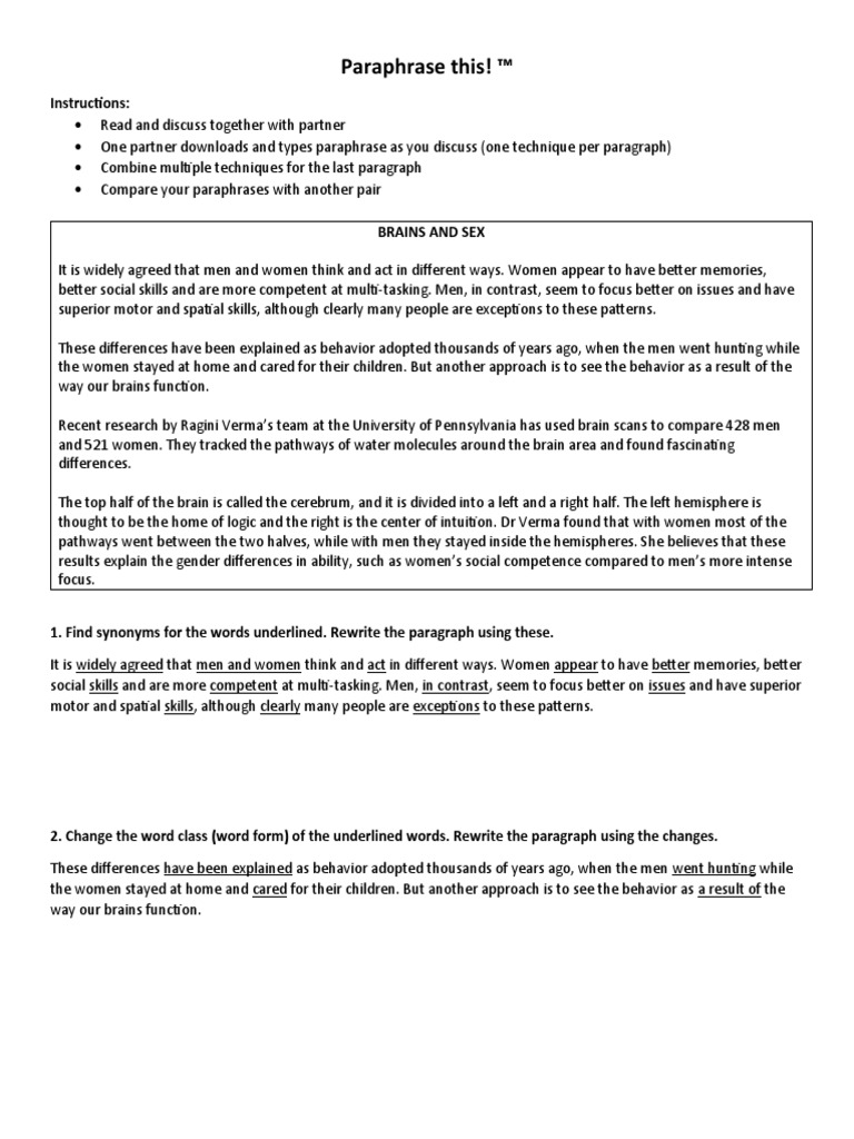 Paraphrase This! ™: Instructions | PDF | Brain | Lateralization Of ...