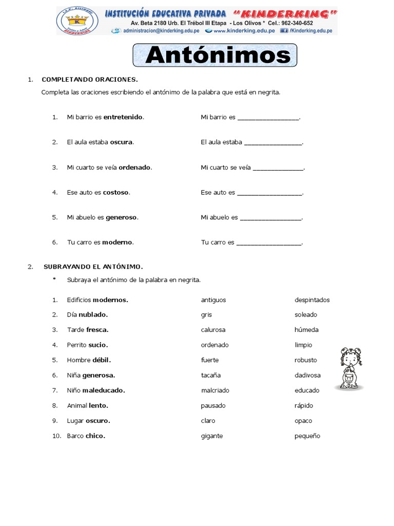 Ficha Que Es Un Antonimo para Cuarto de Primaria | PDF