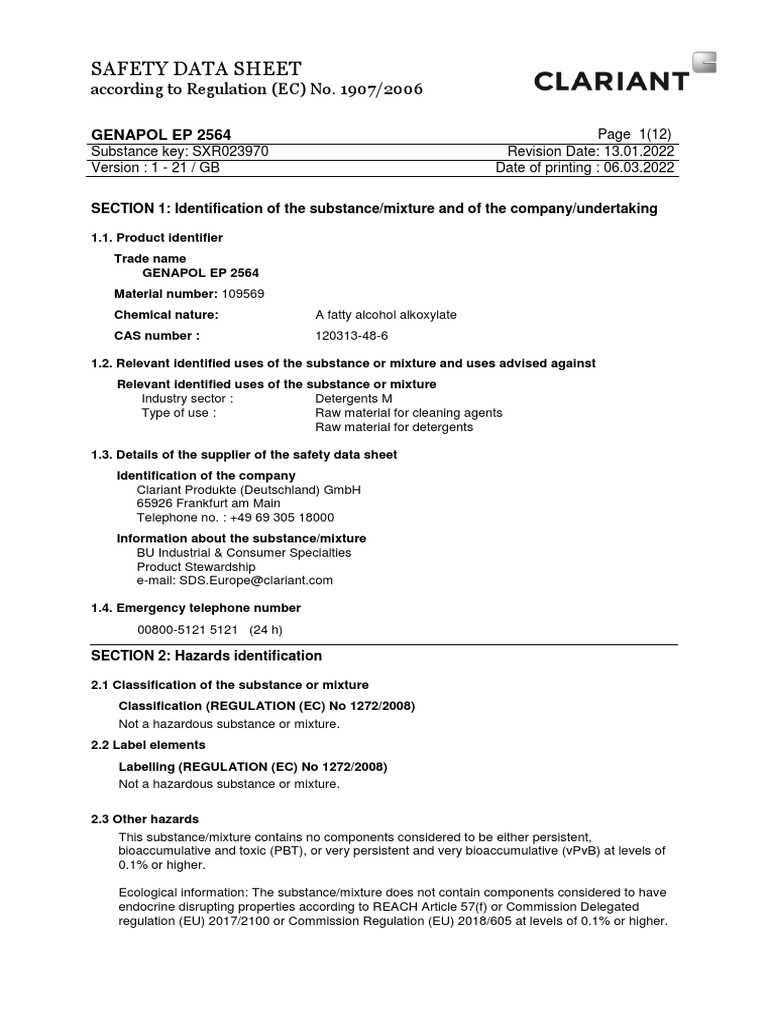 Genapol EP 2564 Safety Data Sheet | PDF | Toxicity | Dangerous Goods