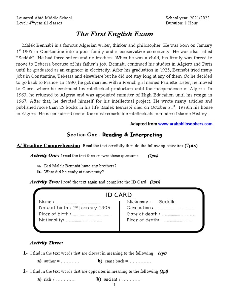 The First English Exam: Section One: Reading & Interpreting | PDF ...