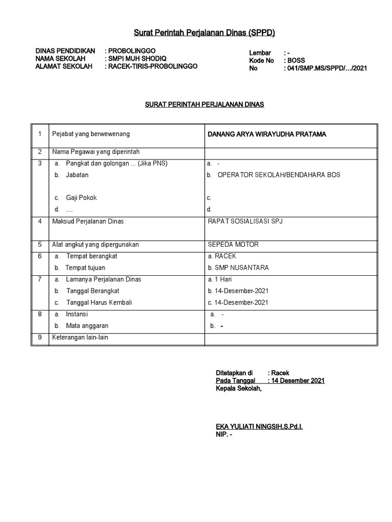 Format SPPD Surat Perintah Perjalanan Dinas Sekolah | PDF