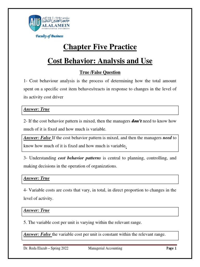 Chapter Five Practice: Cost Behavior: Analysis and Use | PDF | Management Accounting | Behavior