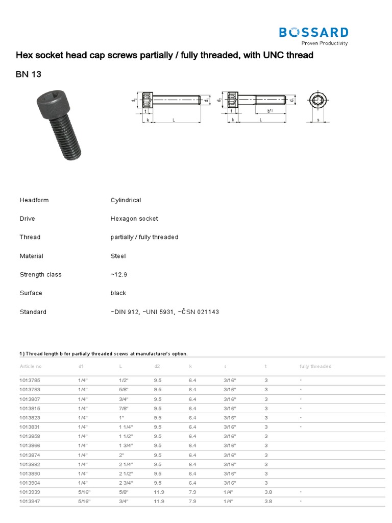 Hex Socket Head Cap Screws Partially / Fully Threaded, With UNC Thread ...