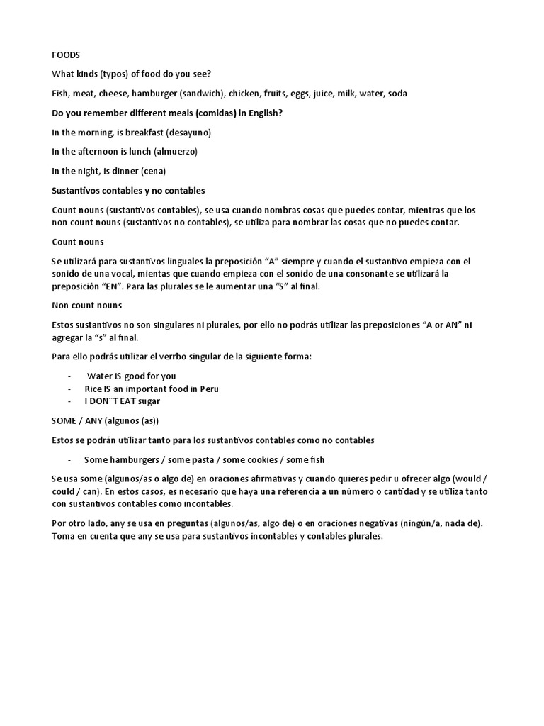Vocabulario y gramática de alimentos y lugares | PDF