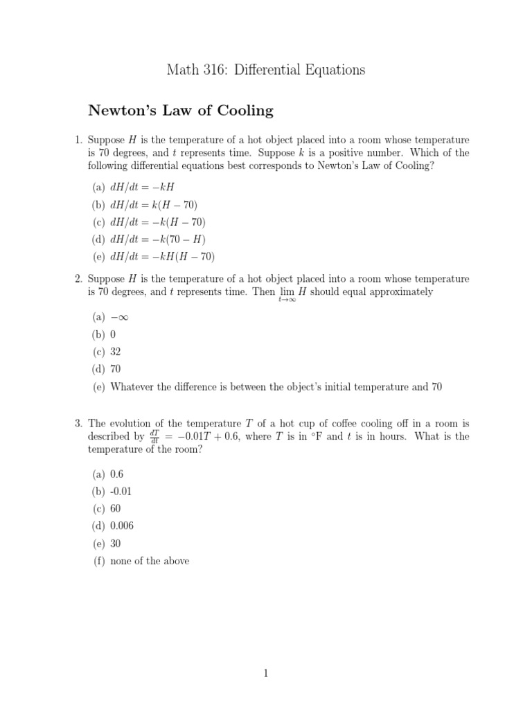Math 316: Differential Equations Newton's Law of Cooling | PDF ...