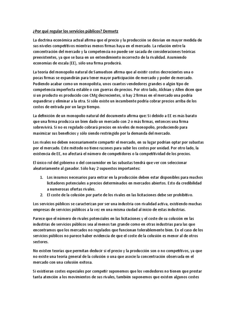 Por Qué Regular Los Servicios Públicos Resumen Demsetz | PDF ...
