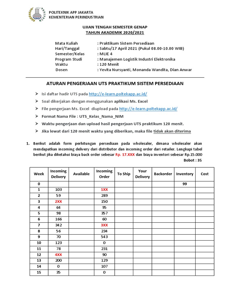 Soal UTS Praktikum Sistem Persediaan 2021 | PDF