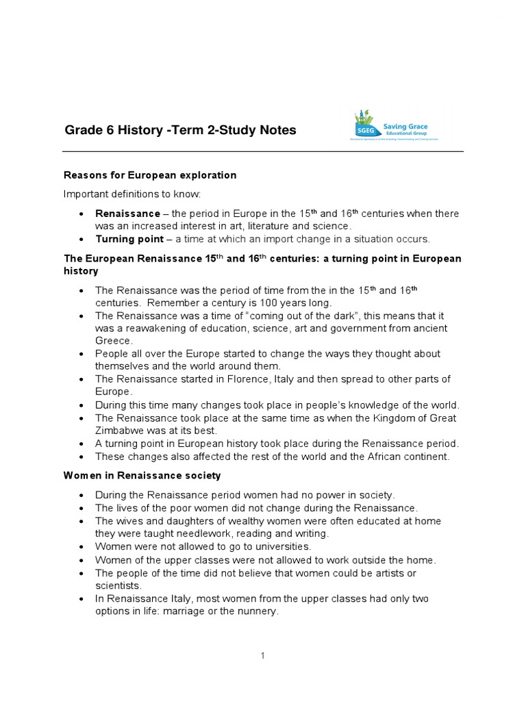 History Term 2 Study Notes PDF | Download Free PDF | Leonardo Da Vinci ...