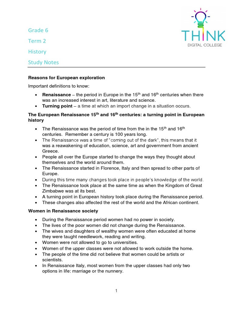 Grade 6 Term 2 History Study Notes: Reasons For European Exploration ...