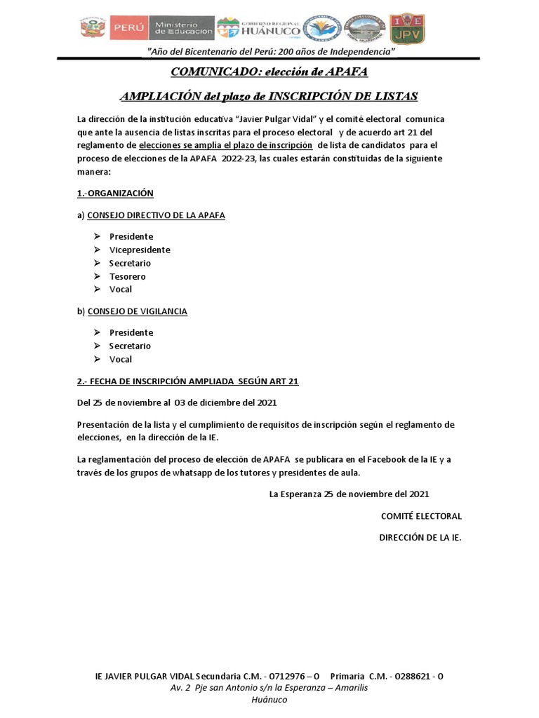 Comunicado Eleccion de Apafa 2022-2023 | PDF
