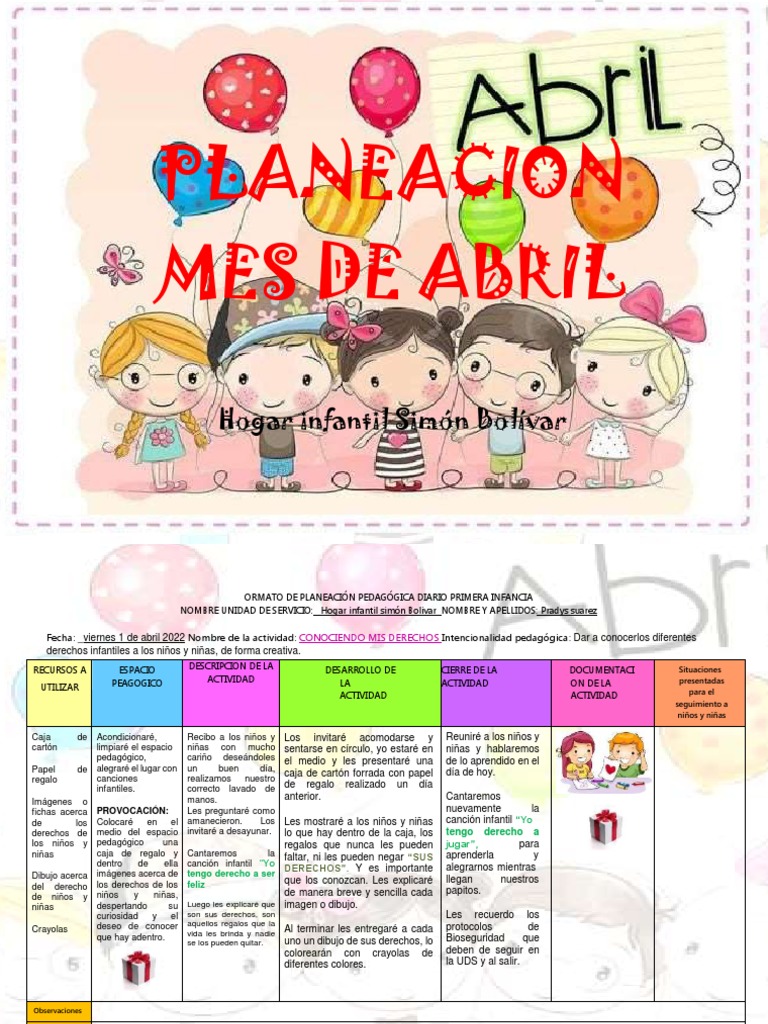 2 PLANEADOR PEDAGÓGICO - ABRIL - Hogar Infantil Simón Bolivar | PDF ...