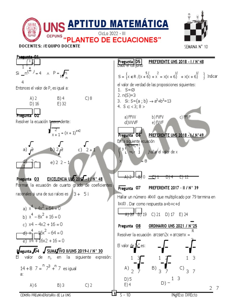 Semana 10 RM - Planteo de Ecuaciones - Cepuns 2022 - III | PDF ... Semana 10 RM - Planteo de Ecuaciones - Cepuns 2022 - III | PDF ...