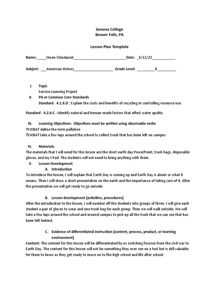 Geneva College Beaver Falls, PA Lesson Plan Template | PDF | Waste ...