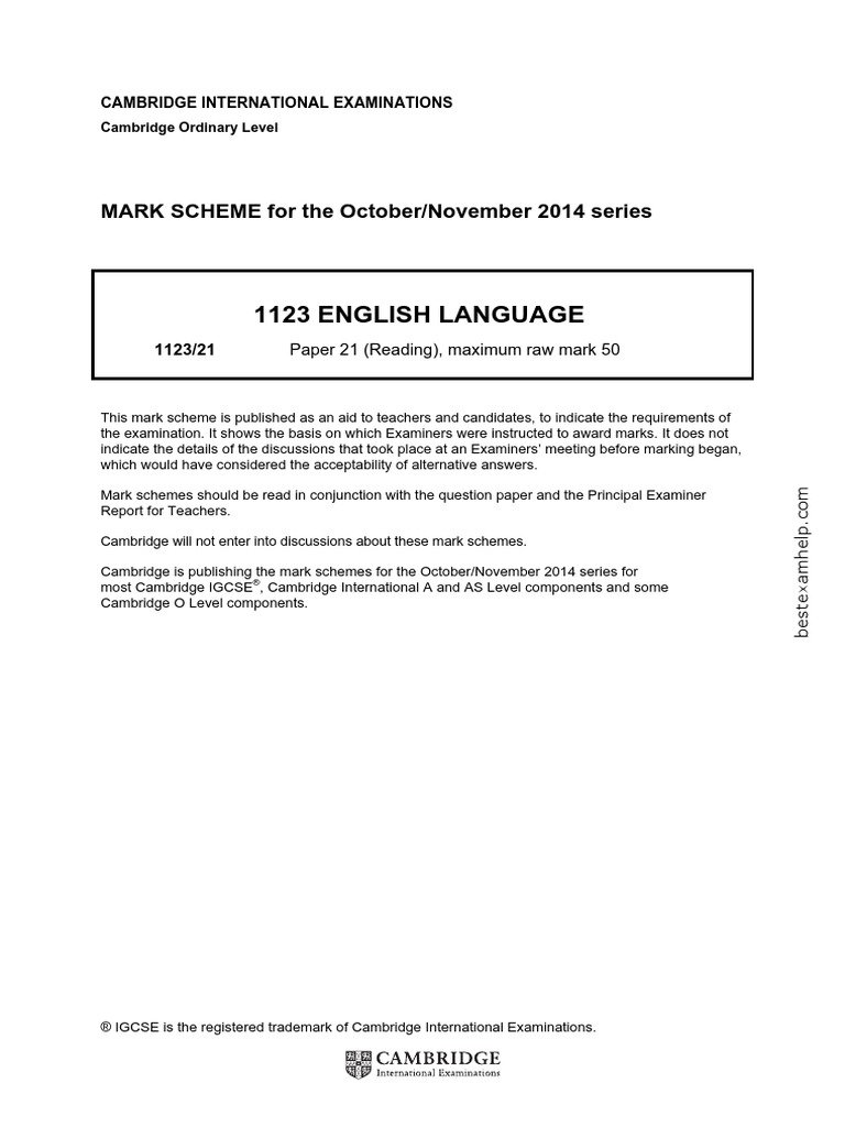 1123 English Language: MARK SCHEME For The October/November 2014 Series ...