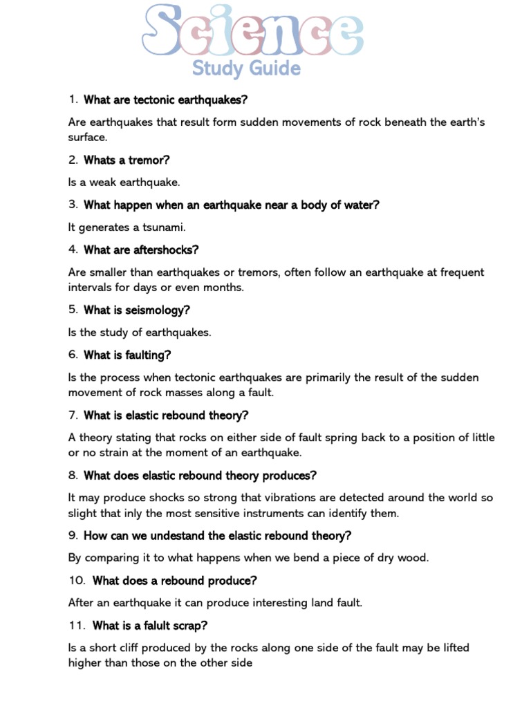 Science Study Guide | PDF | Volcano | Earthquakes