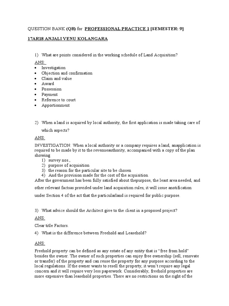 Sem 9 PP Question Bank 17ar18 Anjali Kolangara | PDF | Lease | Loans