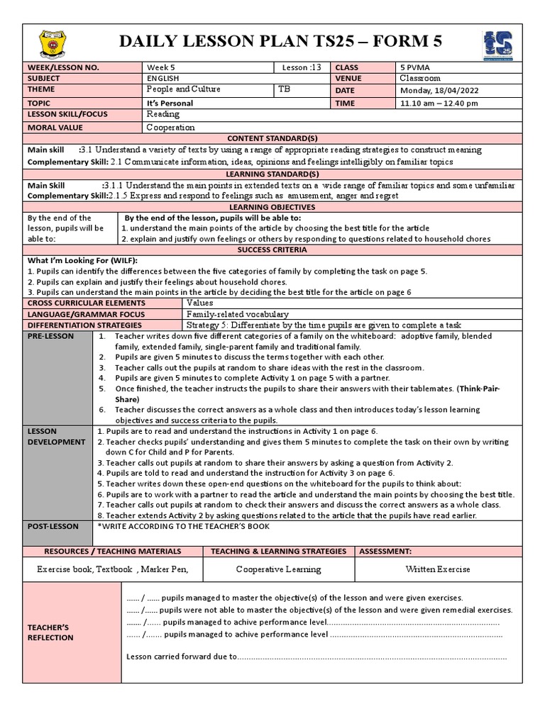 Daily Lesson Plan Ts25 - Form 5 | PDF | Lesson Plan | Teachers