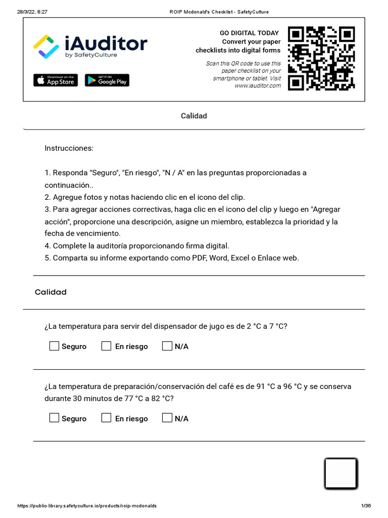 Check List ROIP Mcdonald's Checklist - SafetyCulture | PDF