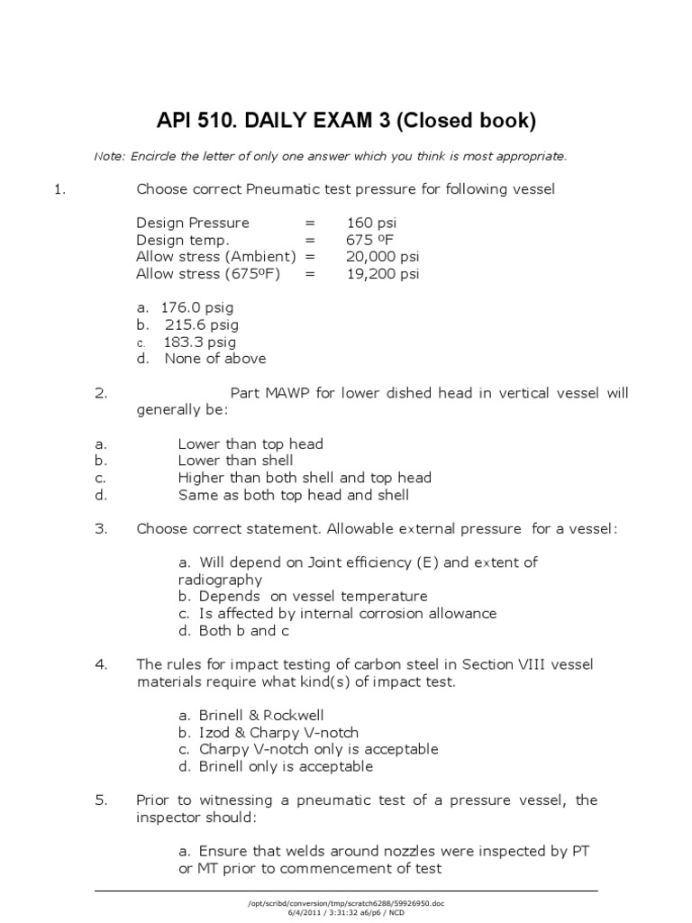 API 510 Daily Exam Questions | PDF | Pounds Per Square Inch | Welding