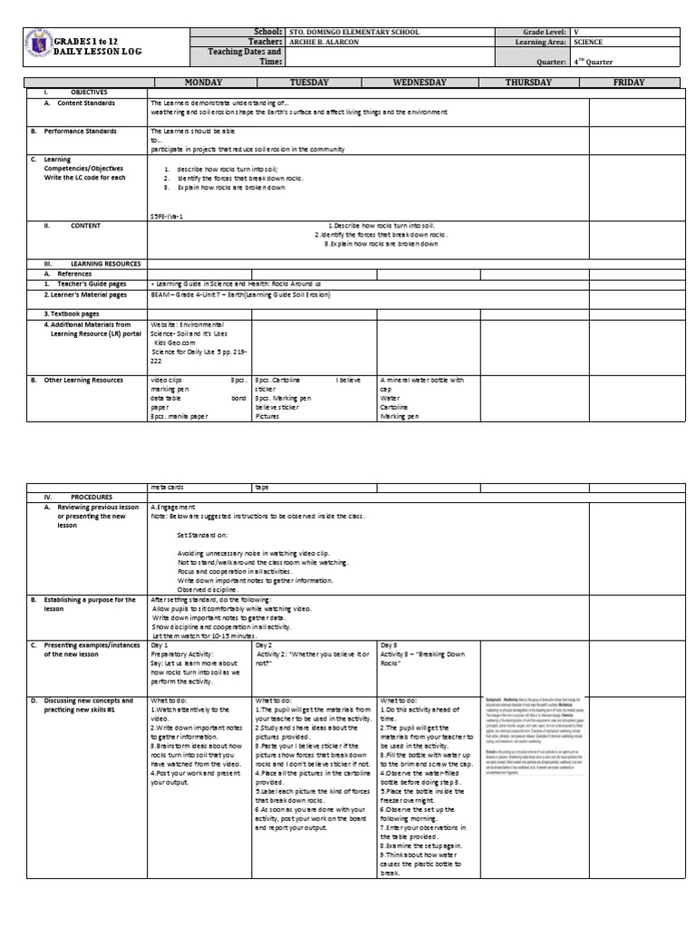 Grade 5 DLL Science 5 q4 Week 1 | PDF | Teachers | Soil