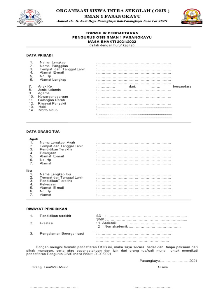 Formulir Pendaftaran Calon Pengurus Osis | PDF