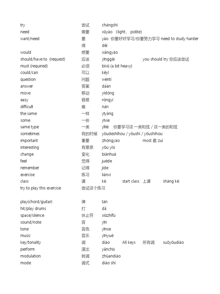 Chinese Music Words - For Music Lessons | PDF