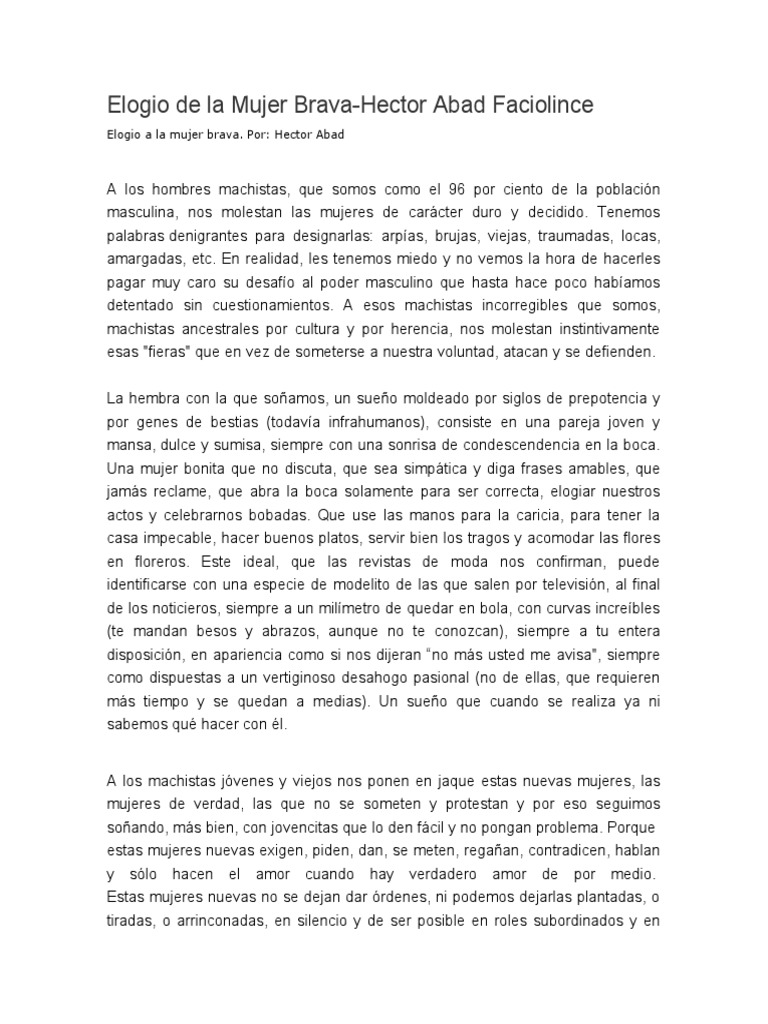 Elogio de La Mujer Brava Hector Abad Facionlince | PDF | Machismo